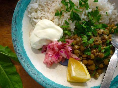 Simple Peruvian Lentils and Rice Recipe with Red Onion Salad – The Back ...
