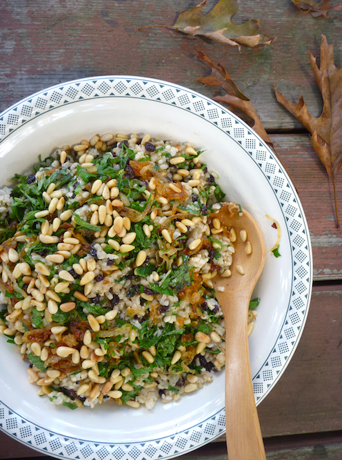 Brown rice, mint and pine nut salad with currants and caramelised onion ...
